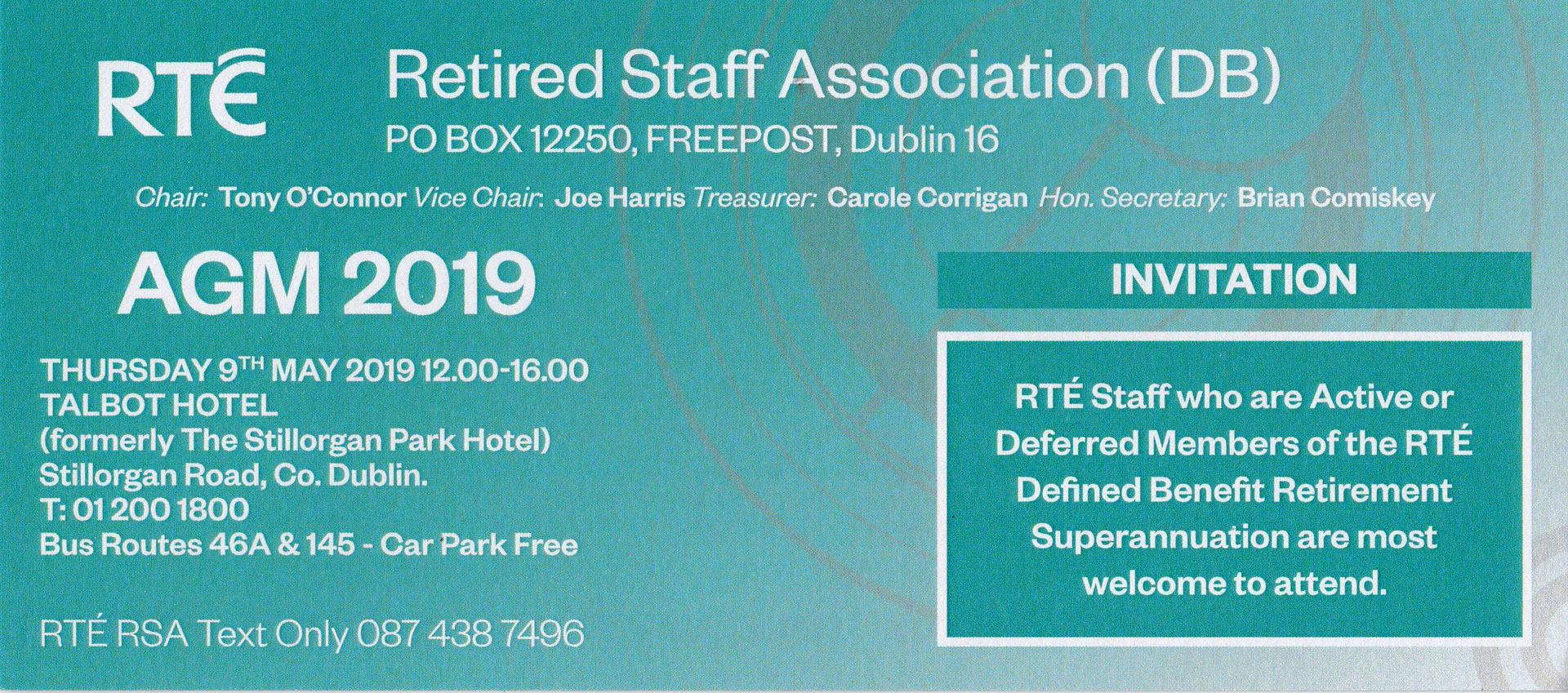 AGM 2019 Thursday 9th May – RTÉ Retired Staff Association